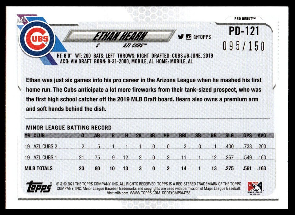 2021 Topps Pro Debut #PD-121 Ethan Hearn SN150 AZL Cubs | eBay