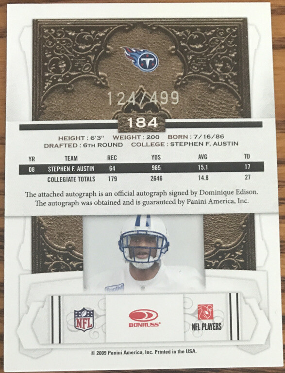 2009 Donruss Classics Rookie Autograph Dominique Edison #184 #’d 124/ ...