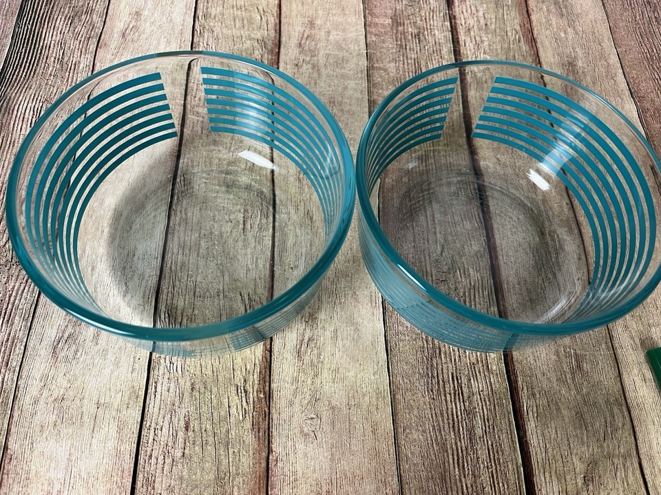 PYREX Aqua Stripe Clear 1 qt Glass Mixing Storage Bowl #7201 SET OF 2 ...