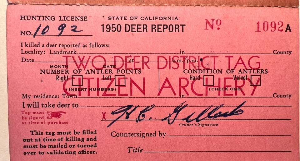TWO 1950 CALIFORNIA DIVISION OF FISH & GAME DEER LICENSE ARCHERY TAGS ...