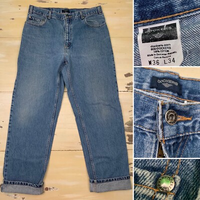 DOCKERS - Vtg Y2K Faded Whiskered Straight Relaxed Dad Blue Jeans, Mens ...