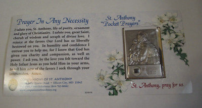 Vtg St Saint Anthony relic plaque pocket prayer shrine medal on card ...