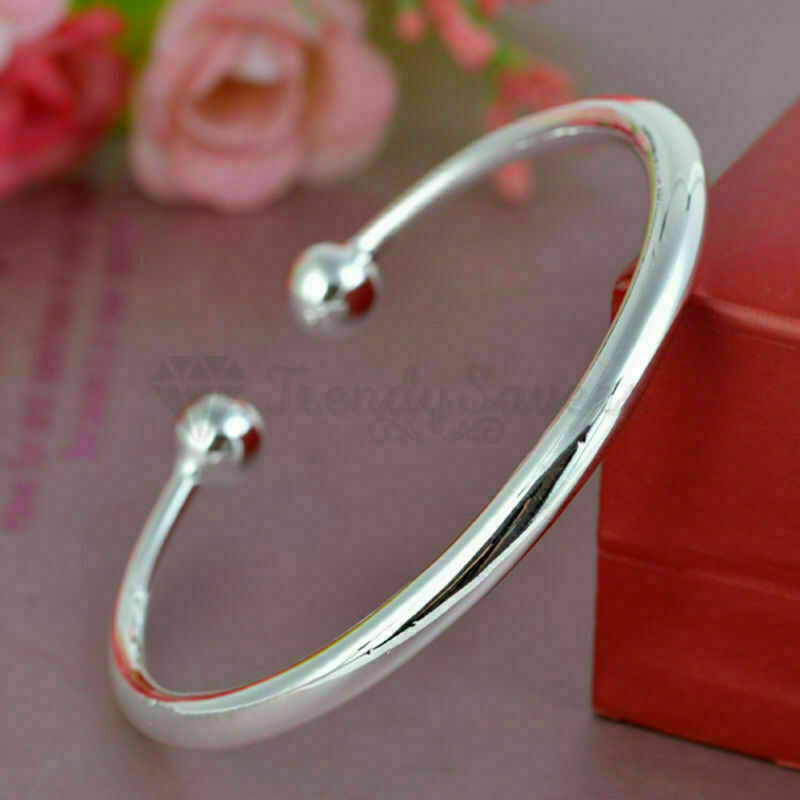 Charming Women Silver Open Bangle Double Round Cuff Bracelet 925 ...