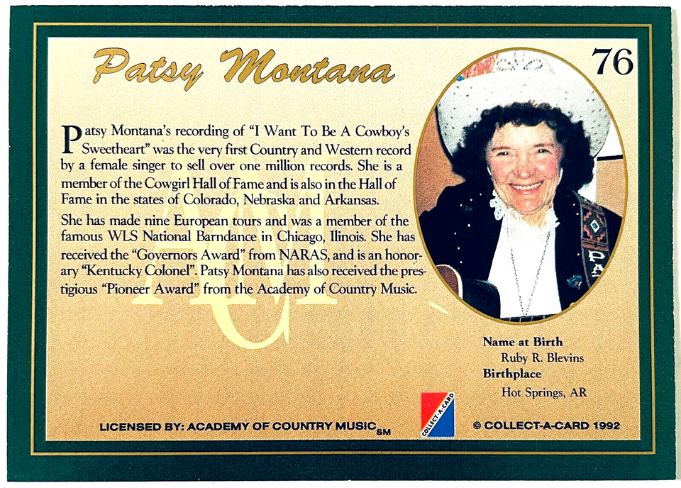 PATSY MONTANA 🤠 Collect-A-Card 😎 "Country Classics" 🤩 Trading Card #76 ...