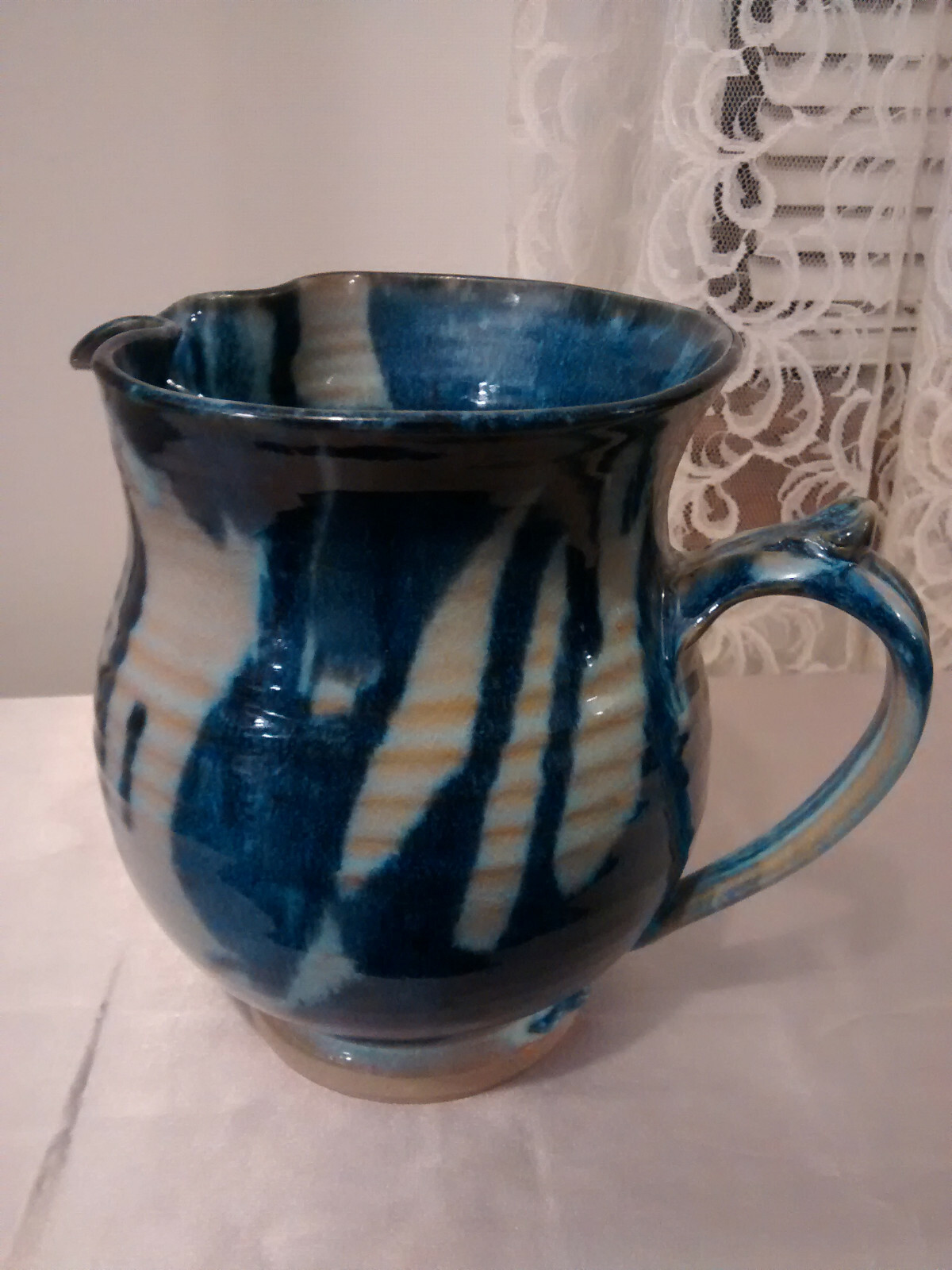 Pottery Pitcher Blue Grey Tan 7 1/4 Inches Tall Pinched Spout Thumb ...
