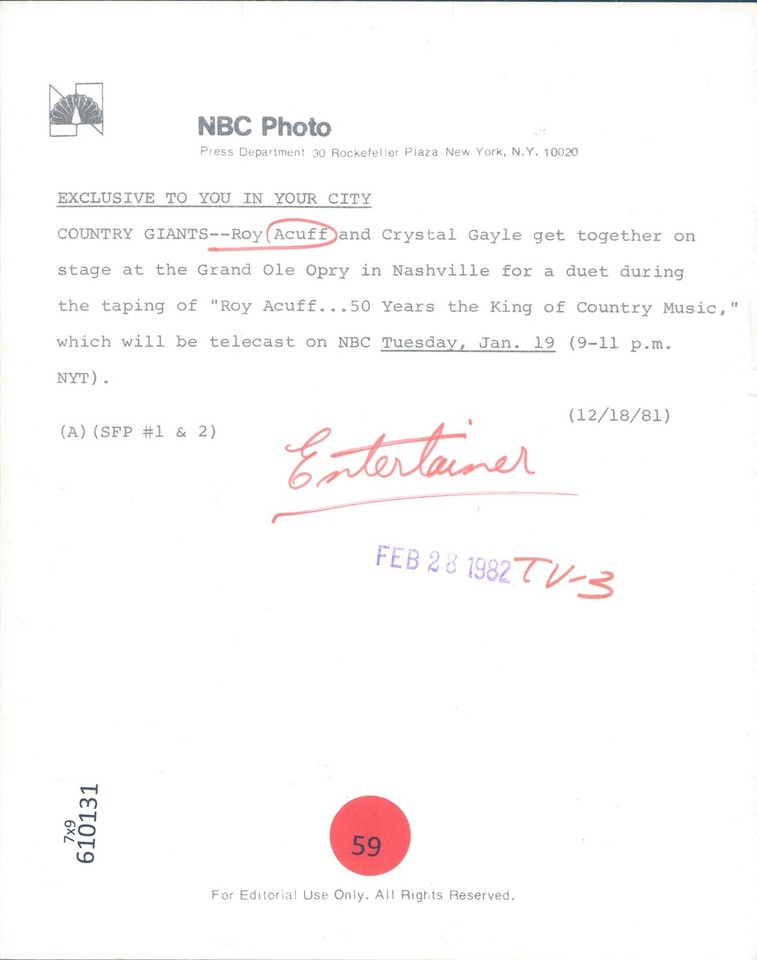 1982 Nashville Grand Ole Opry Roy Acuff Crystal Gayle Duet Photo 7X9 | eBay