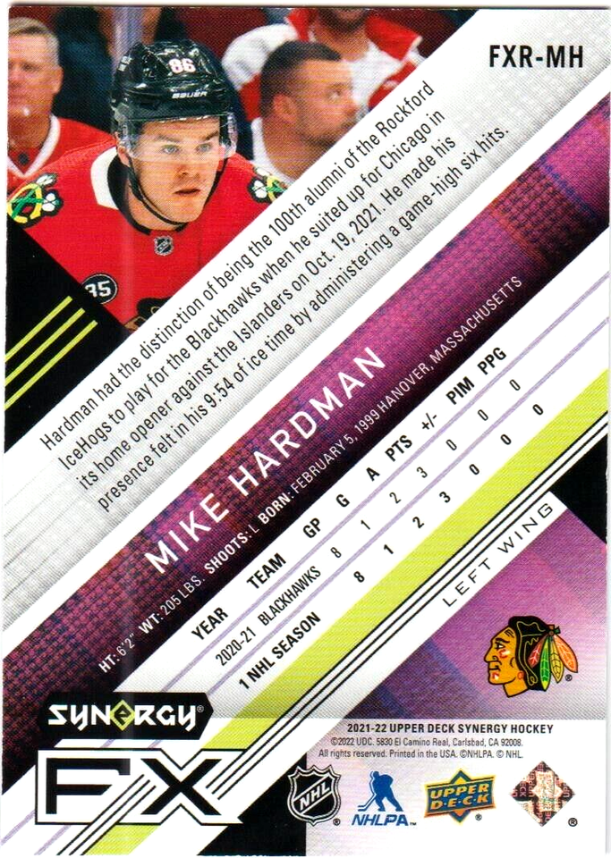MIKE HARDMAN RC 21-22 SYNERGY PURPLE ROOKIE FX /275 CARD # FXR-MH HAWKS ...
