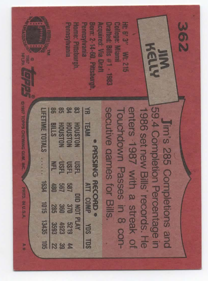 1987 TOPPS JIM KELLY ROOKE CARD #362 BUFFALO BILLS RC FOOTBALL (HOF) | eBay