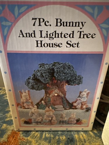 Vintage Easter Village Set 7Pc Bunny and Lighted Tree House w/Light ...