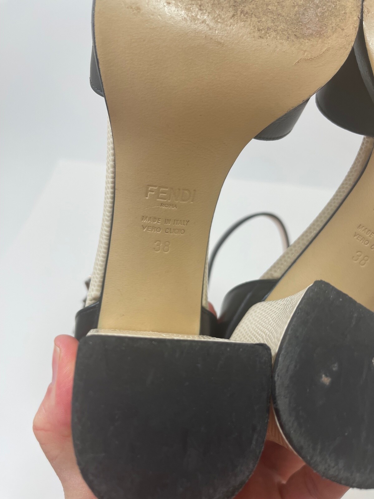 Fendi Laser Cut Leather Block Heel Ankle Strap Sandal… - Gem