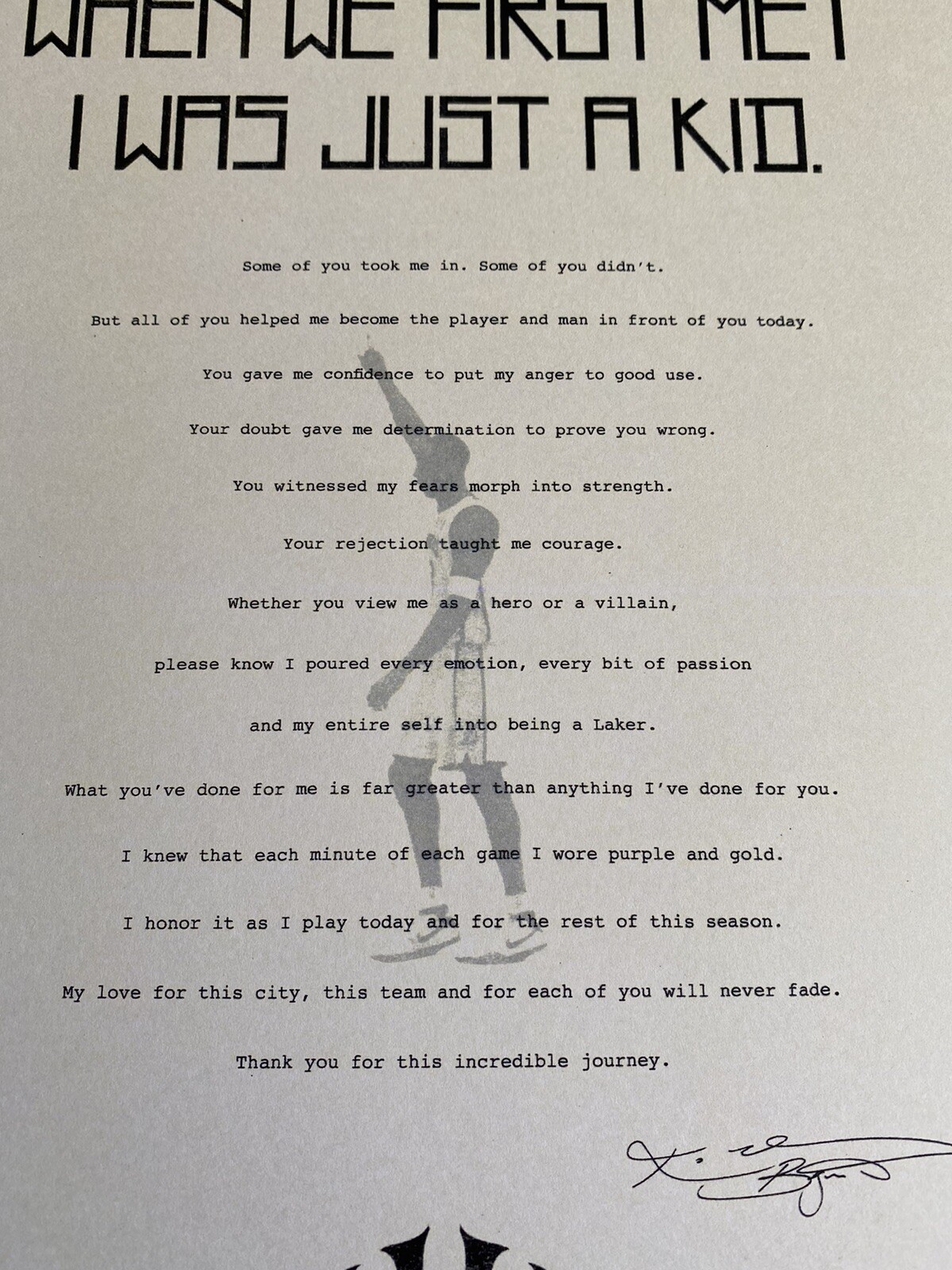 Kobe Bryant Los Angeles Lakers “Dear Basketball” Letter Reprint Hi ...