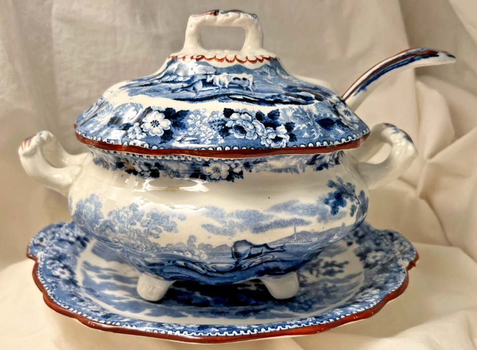Antique ADAMS POTTERY 18C--early 19C Small Tureen with Ladle CATTLE ...