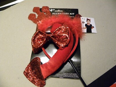 NEW 3 Piece Devil Accessory Kit Kids Tail horns(headband) Pitchfork Bow ...