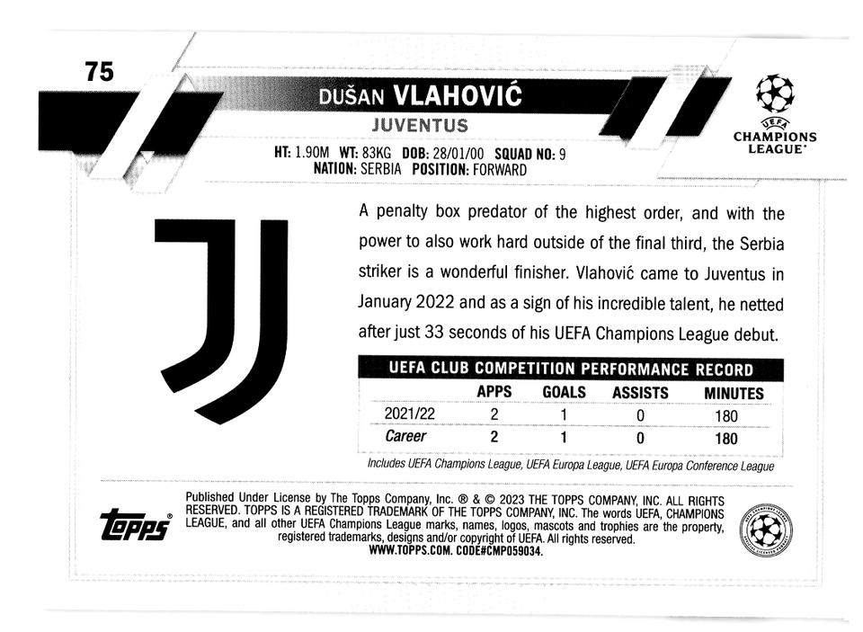 2022-23 UEFA Champions League Base Card #75 Dusan Vlahovic - Juventus ...