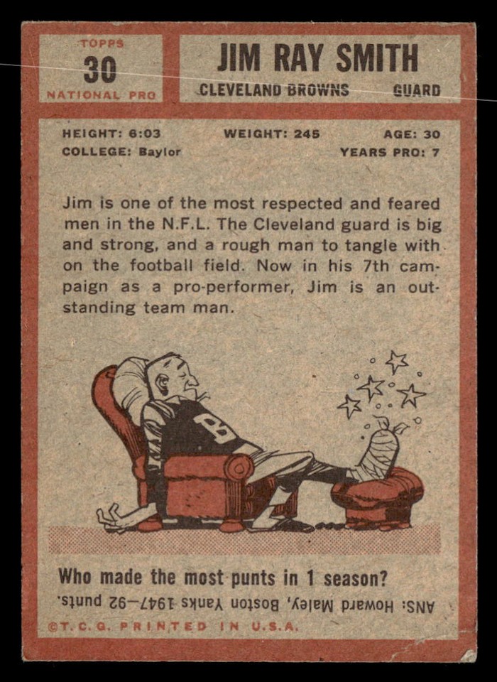 Jim Ray Smith 1962 Topps Card #30 Cleveland Browns GD-VG | eBay