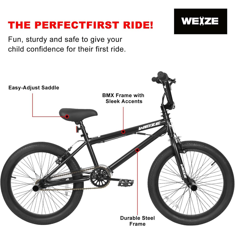 WEIZE BMX Bike 20 Inch Wheels Boy Trick Bicycle Freestyle Black Kids ...