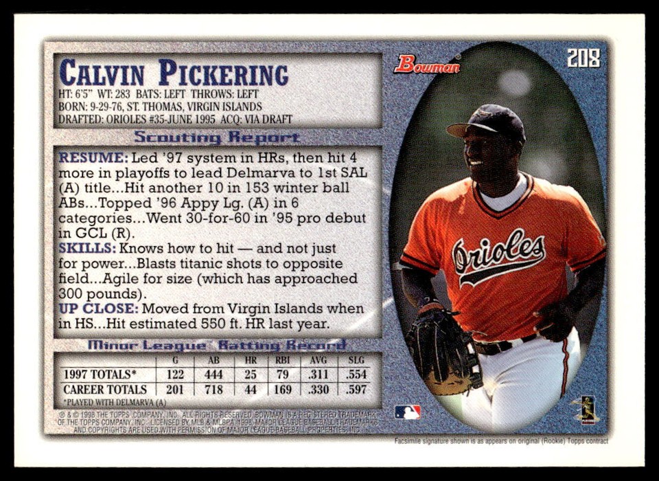 1998 Bowman 208 Calvin Pickering Baltimore Orioles Baseball Card | eBay