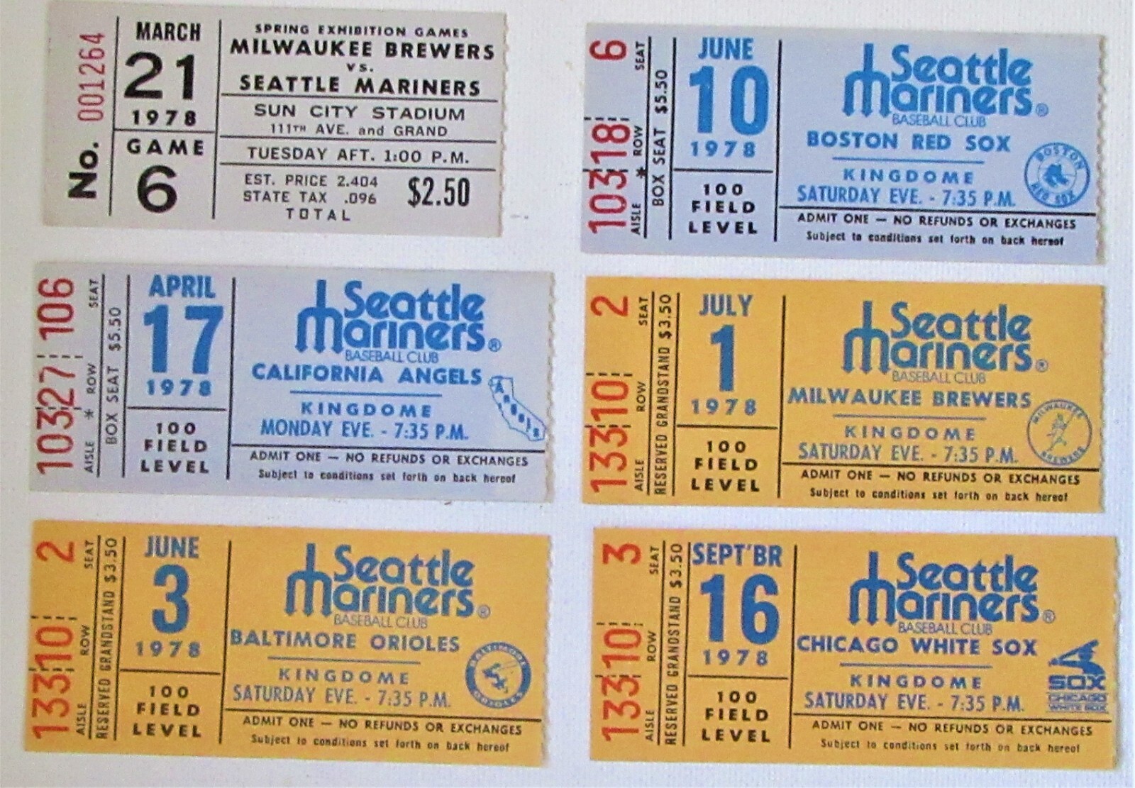 LOT of 6 different 1978 SEATTLE MARINERS baseball ticket stub s vs 5 ...