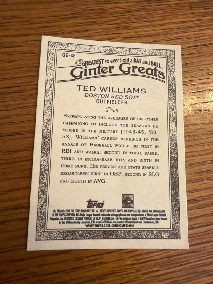 2019 Topps Allen & Ginter Ginter Greats GG-48 Ted Williams Boston Red ...