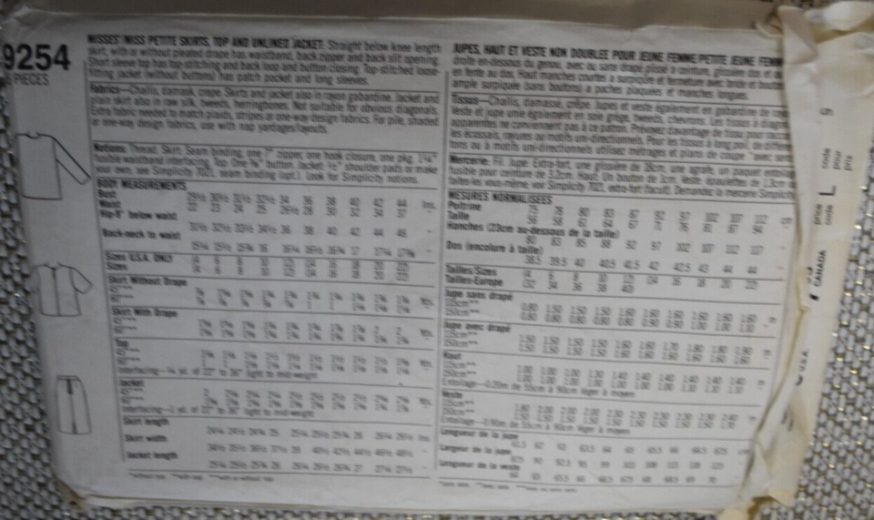 Simplicity Pattern 9254 Misses Jiffy Skirt Top Jacket Sz 14-16-18-20-22 ...
