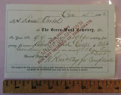 1883 Green-wood Cemetery Brooklyn NYC Receipt Grave Remains New York ...
