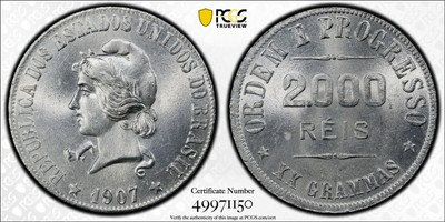 Brazil 1907 2000 Reis PCGS Ms63 Mald 625.05 | eBay