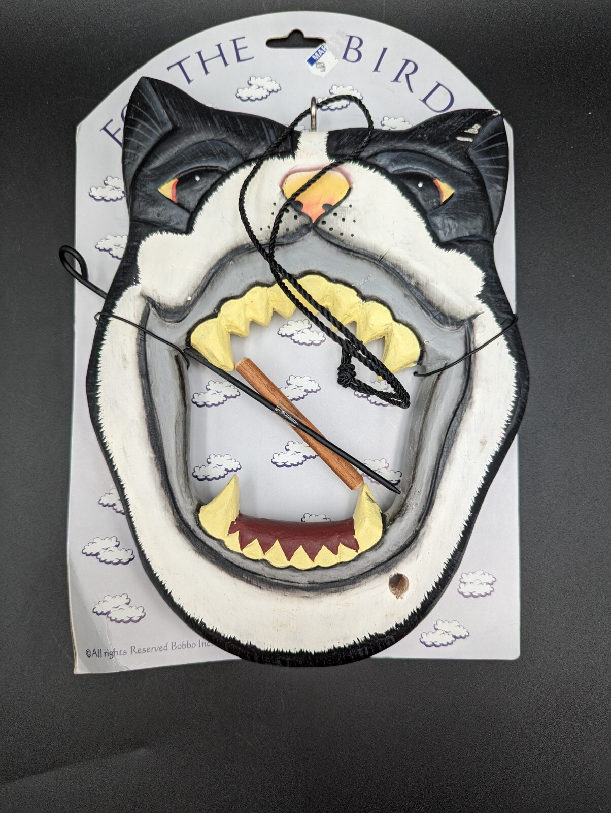 FUNNY "For The Birds" Carved Wood Painted Cat Face Bird Feeder Made in ...