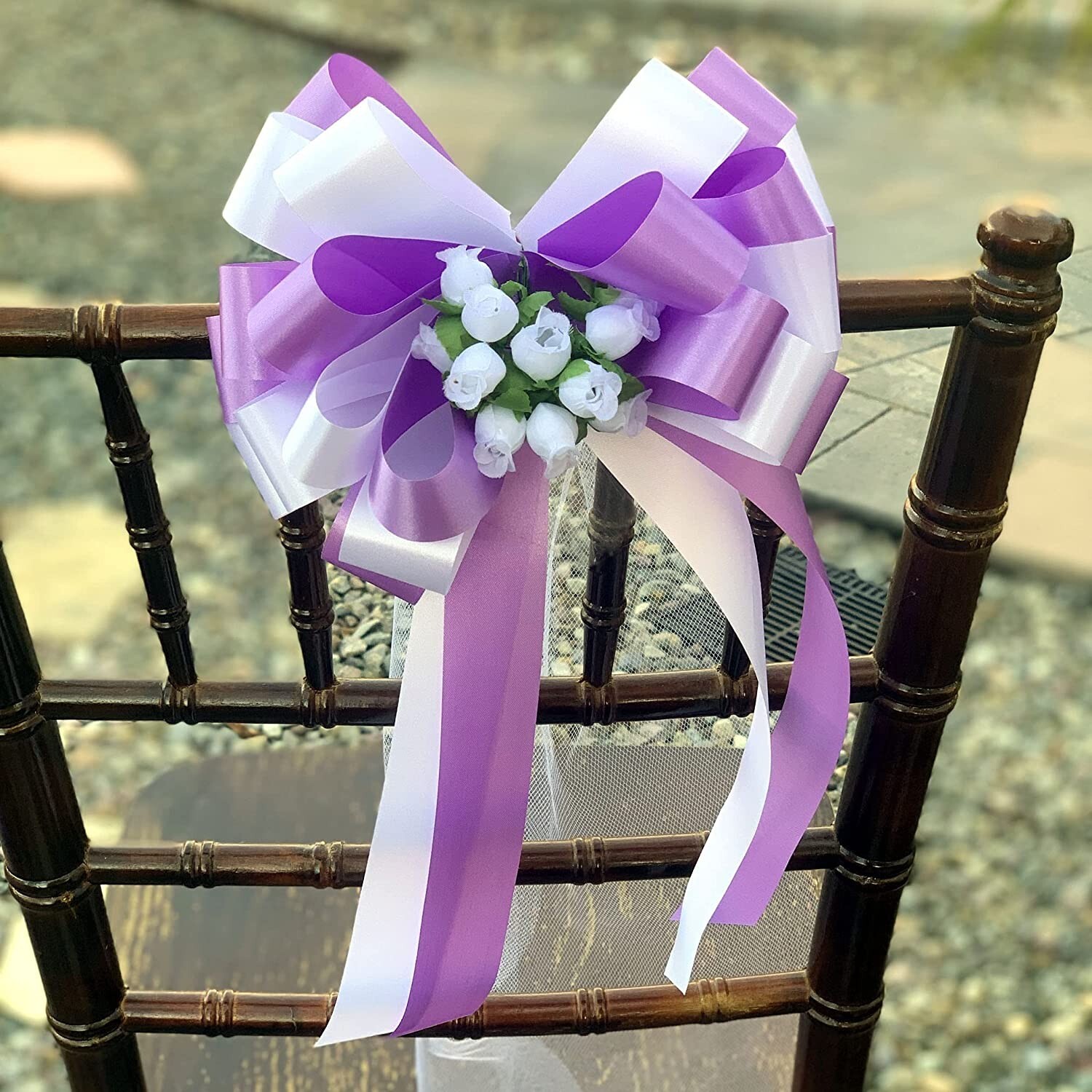 Lavender and White Wedding Pull Bows with Tulle Tails and Rosebuds - 8 ...