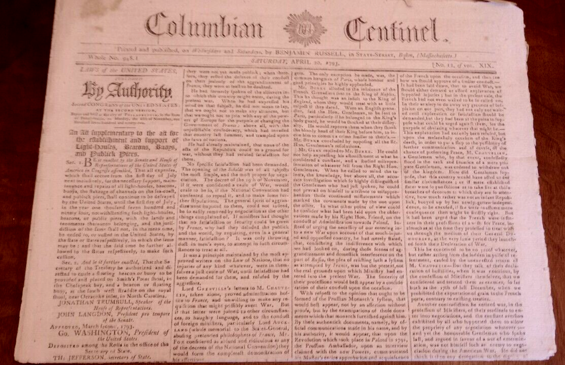 Lot 8 - Late 1700's Columbian Centinel Federalist Newspapers, Mass ...