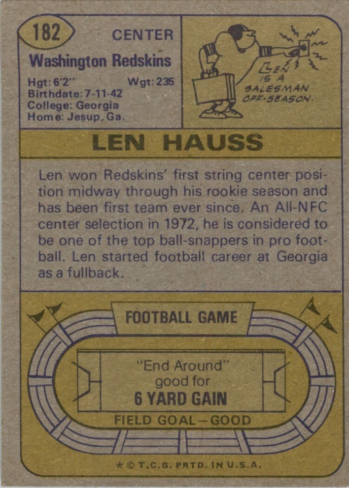1974 Topps #182 Len Hauss Washington Redskins | eBay