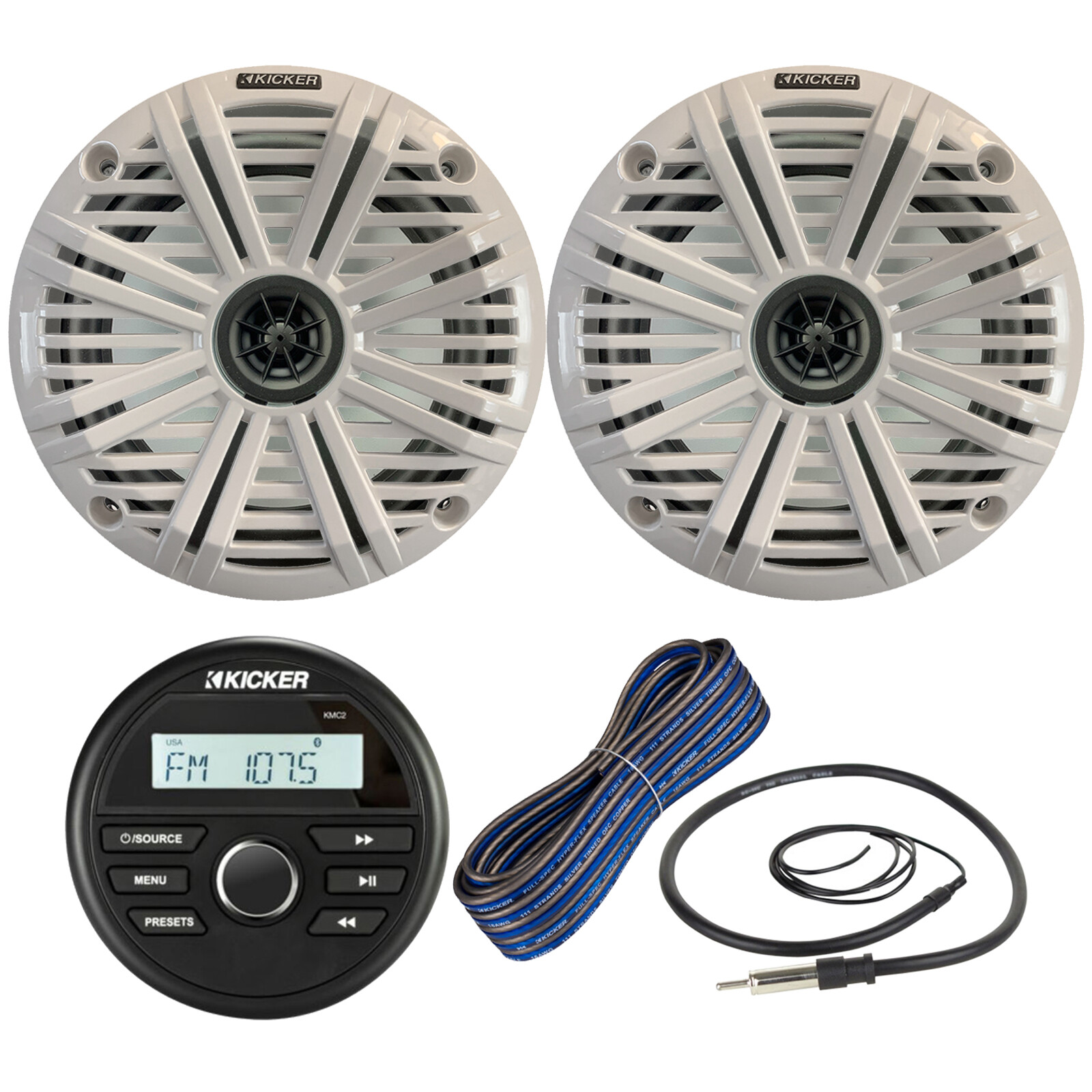 Kicker KMC2 Gauge Stereo Receiver, 2x 6.5" Speakers w/Grilles, Wire ...