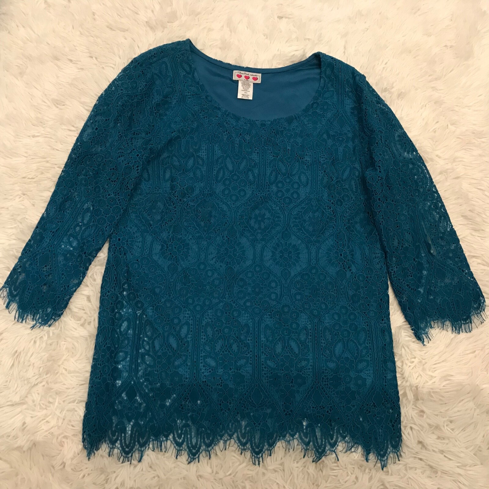 Three Pink Hearts Teal Laser Cut Top With Feathering … - Gem