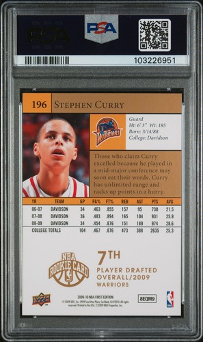2009 UPPER DECK FIRST EDITION GOLD #196 STEPHEN CURRY ROOKIE RC PSA 7 ...