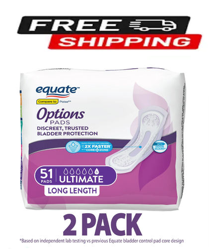 Equate Options Incontinence Pads for Women, Ultimate, Long, 102 Count ...