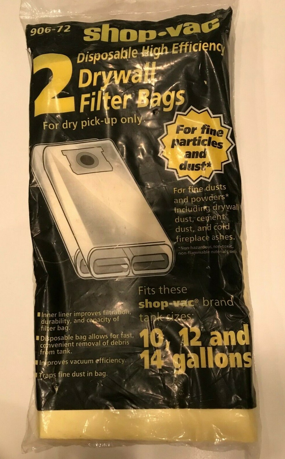 SHOP VAC 906-72 Drywall FILTER BAGS 2-Pack High Efficiency 10 12 14 ...