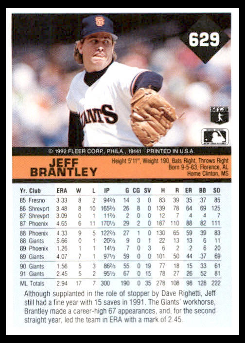 1992 Fleer #629 Jeff Brantley San Francisco Giants Baseball Card | eBay