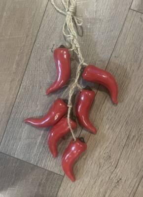 Ceramic Red Chili Peppers on Braided Jute Rope Wall Hanging Strand of ...