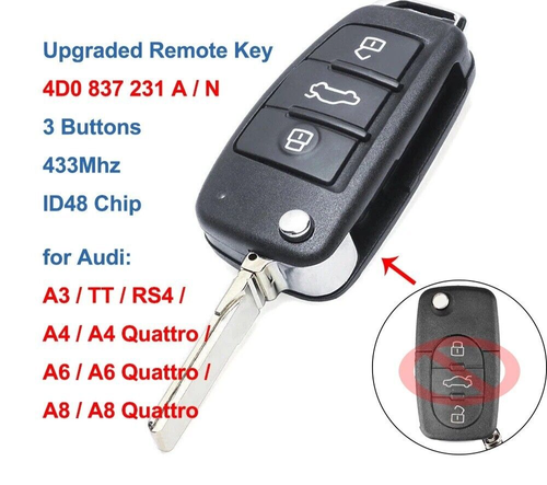Flip Remote Car Key Fob 433MHz ID48 Chip for Audi TT RS4 A3 A4 A6 A8 ...