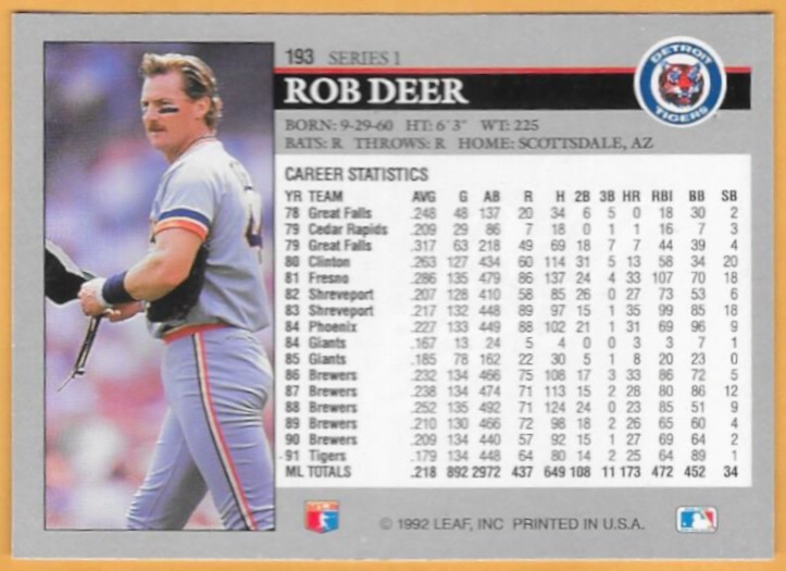 ROB DEER DETROIT TIGERS #193 no dot inc - LEAF NM-MT 1992 | eBay