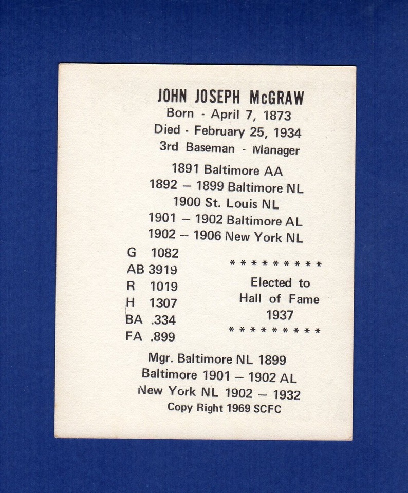 #39 JOHN McGRAW, New York Giants ~ Scarce 1968-1969 SCFC art card B | eBay