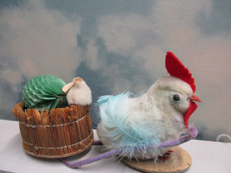 Vintage Spun Cotton Batting Rooster Pulling Straw Basket ~ Made in ...