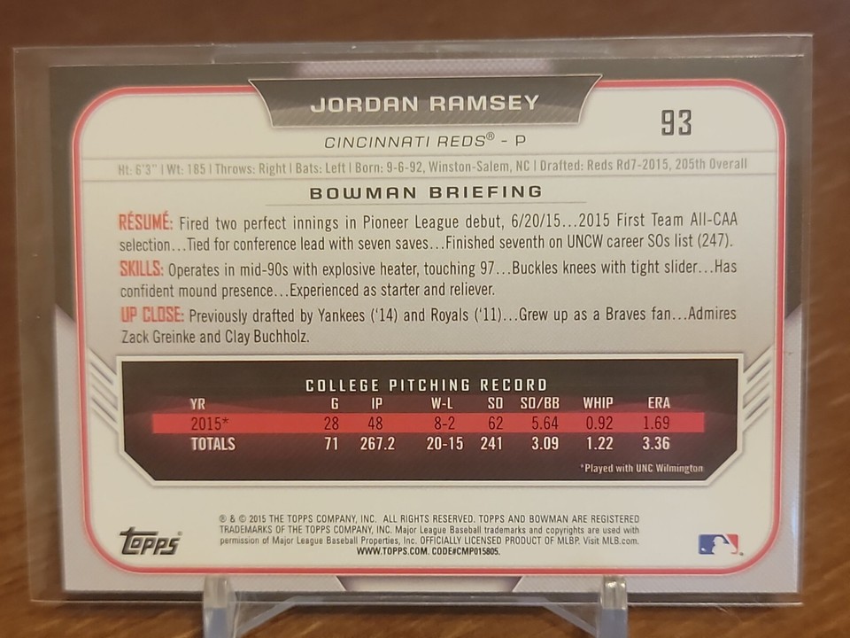 Jordan Ramsey 2015 Bowman Draft #93 1st Bowman Paper Cincinnati Reds | eBay