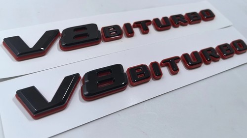 2PC CHROME Black Red Fender Emblems V8 Biturbo For Mercedes C63 E63 G63 ...