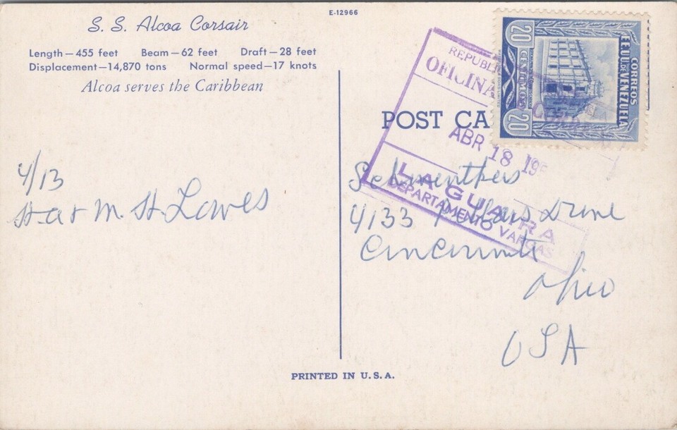 Postcard - S.S. Alcoa Corsair Passenger Cargo ship Venezuela Stamp ...