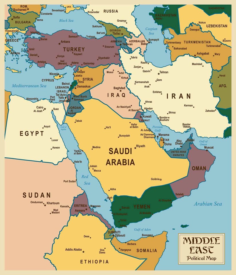 Middle East Map Lebanon Israel Palestine West Bank Syria Iraq Iran ...