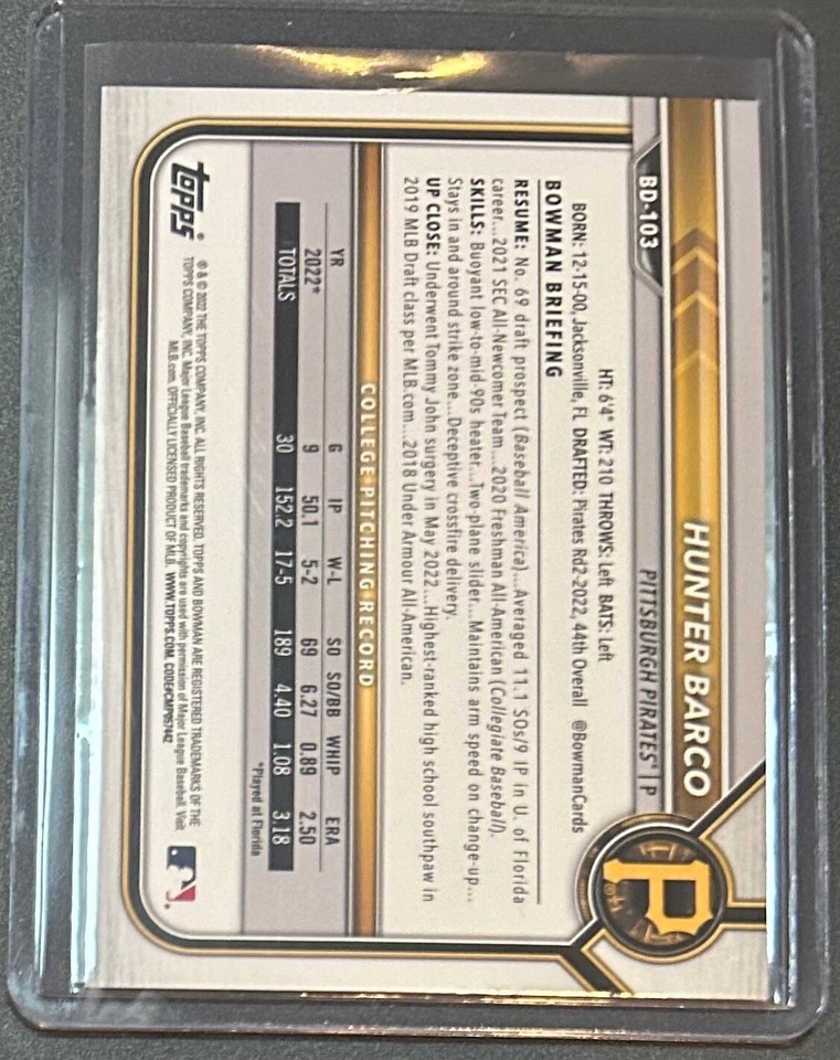 Hunter Barco 2022 Bowman 1st Edition 1st #BD-103 Pittsburgh Pirates | eBay