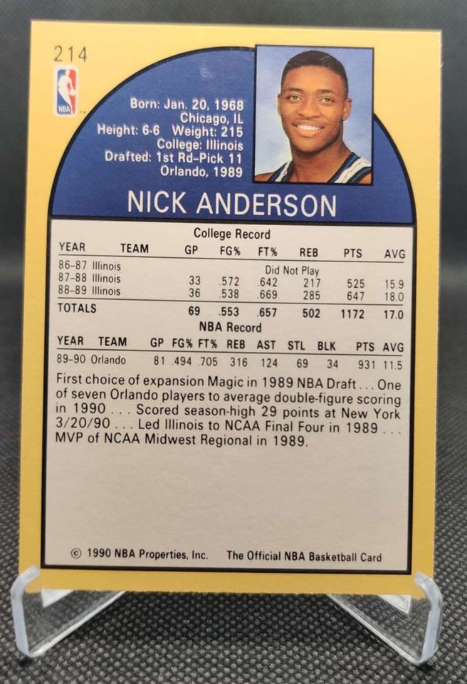1990-91 NBA Hoops #214 Nick Anderson Rookie RC Orlando Magic basketball ...