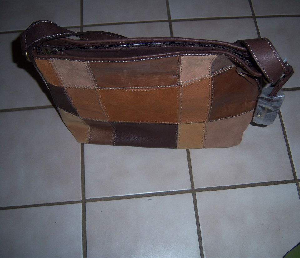NEW TRENDY FOSSIL CARGO Patchwork Chevron BROWN Leather Largo Hobo ...