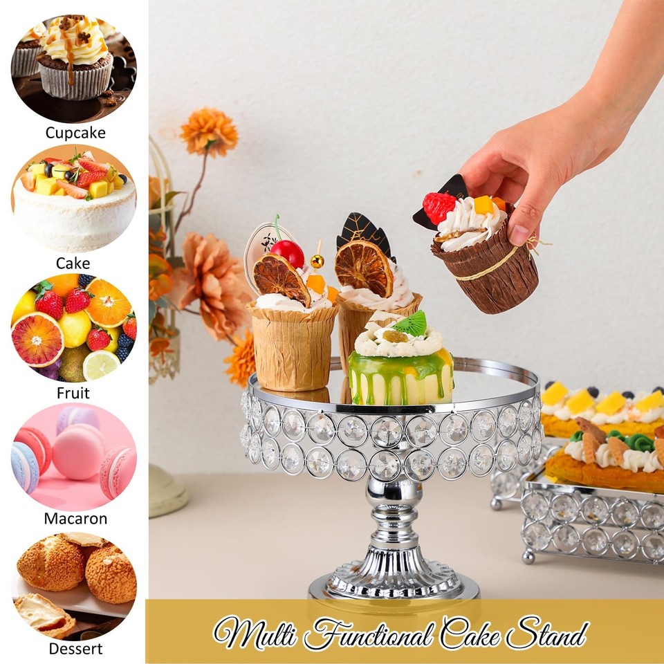 7 Pcs Cake Stand Set with Crystal Beaded Mirror Metal Dessert Table ...
