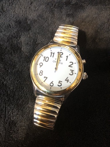Time Optics Talking Watch Easy Read Small Stretch Silver Tone Band ...